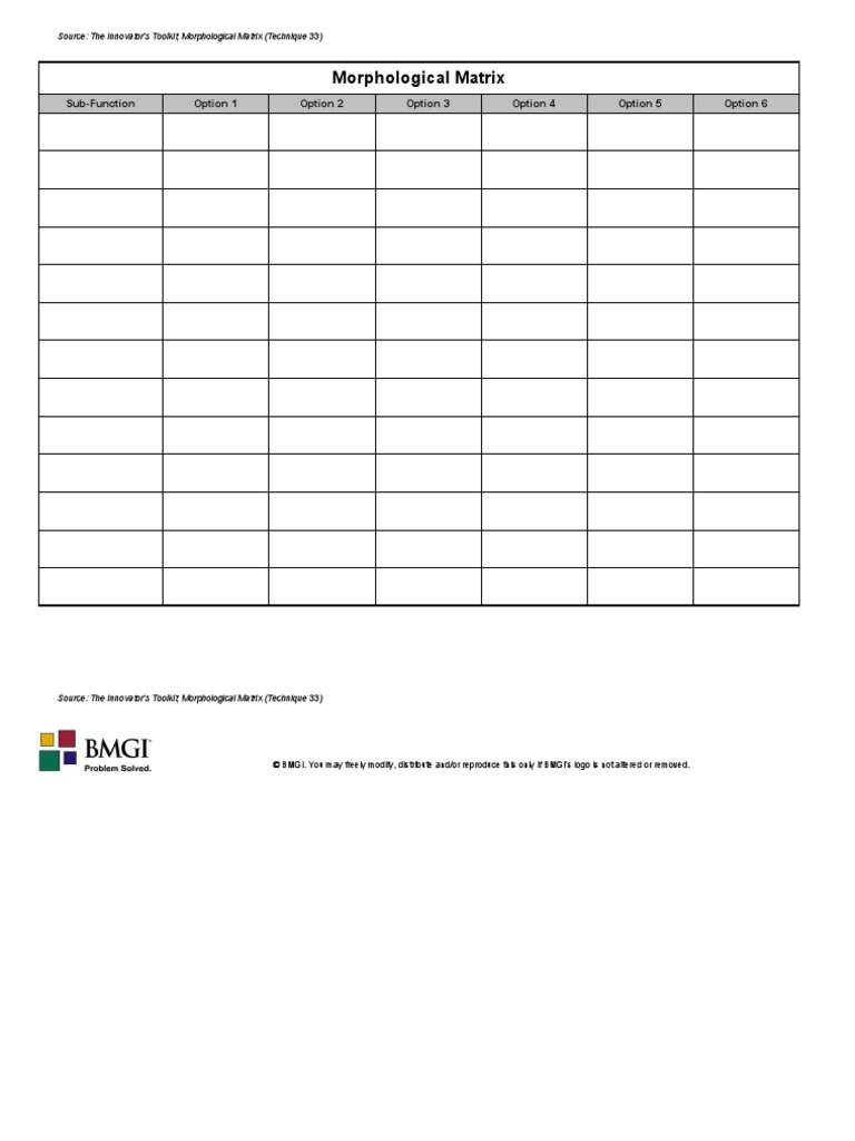 Morphological Matrix: Sub-Function Option 1 Option 2 Option 3 Option 4 ...