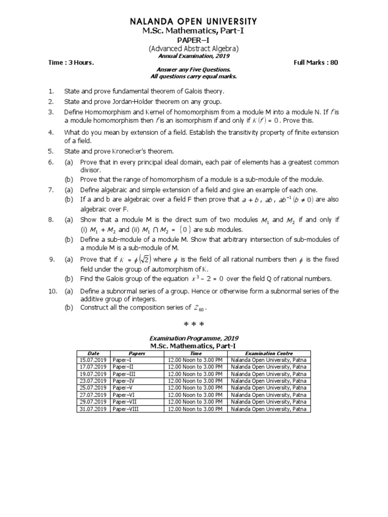 NOU M.Sc. Mathematics Question Papers 2019 | PDF | Field (Mathematics ...