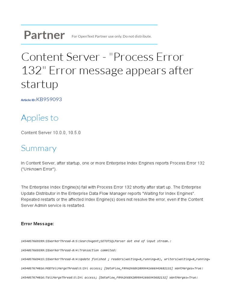 Content Server - Process Error 132 Error Message Appears After Startup ...
