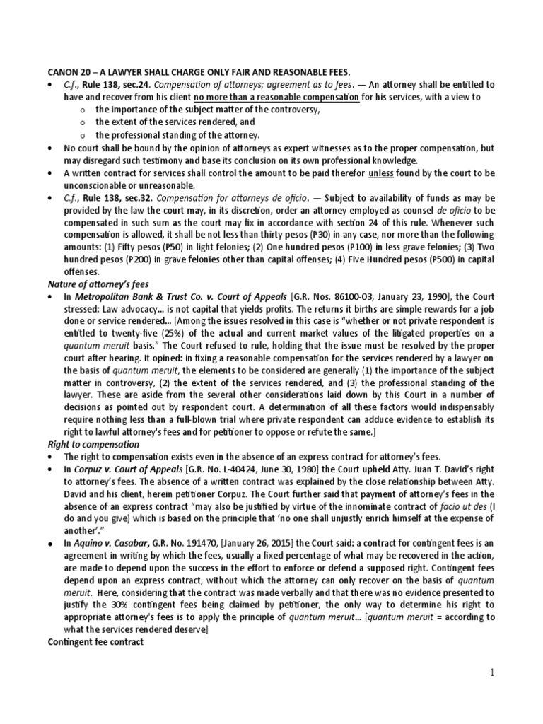 Canon 20 - A Lawyer Shall Charge Only Fair and Reasonable Fees | PDF ...
