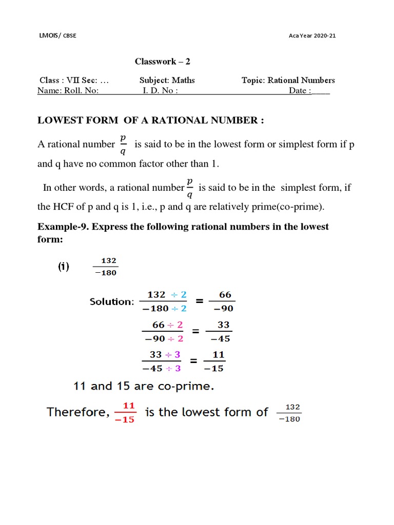 Grade 7 Math RATIONAL NUMBERS - Classwork 2 | PDF | Fraction (Mathematics) | Rational Number