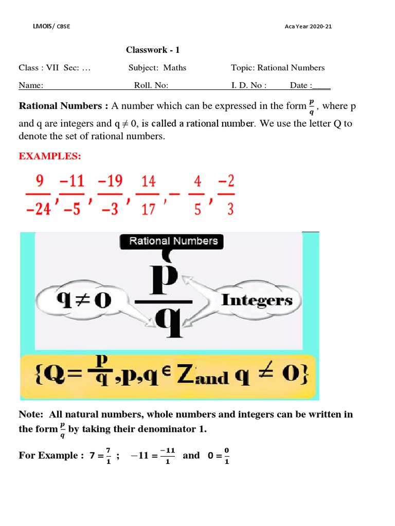 Class 7 Maths: Rational Numbers Guide | PDF | Fraction (Mathematics ...