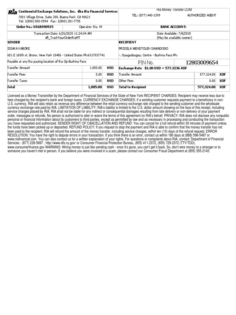 Ria Money Transfer Receipt Details | PDF | Wire Transfer | Payments