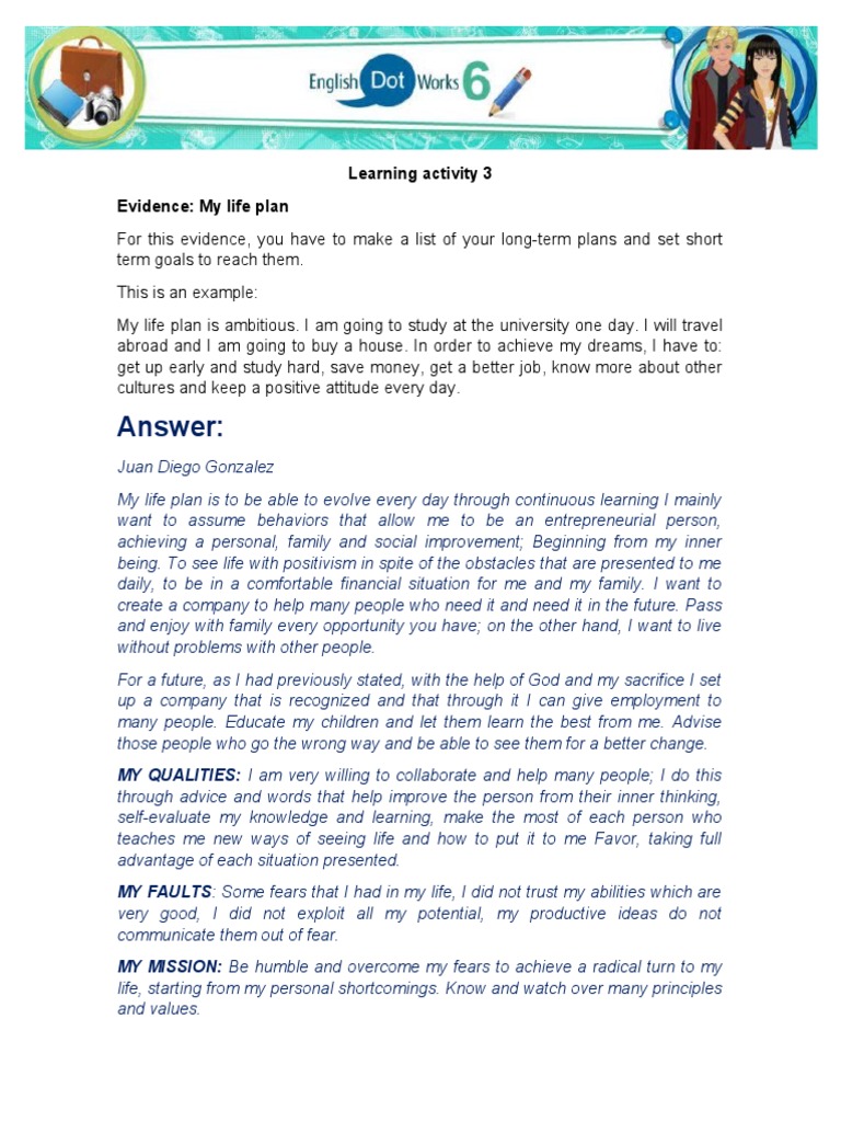Answer:: Learning Activity 3 Evidence: My Life Plan | PDF | Behavior ...