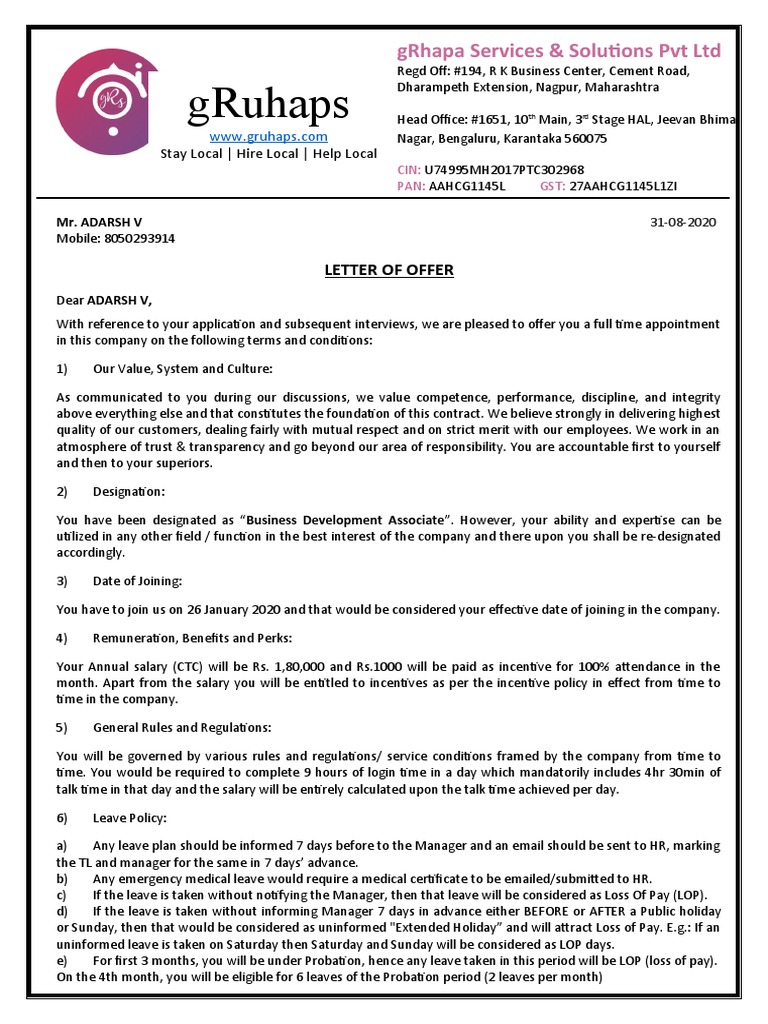 Offer Letter Gruhaps Mangerial Roles | PDF | Employment | Salary