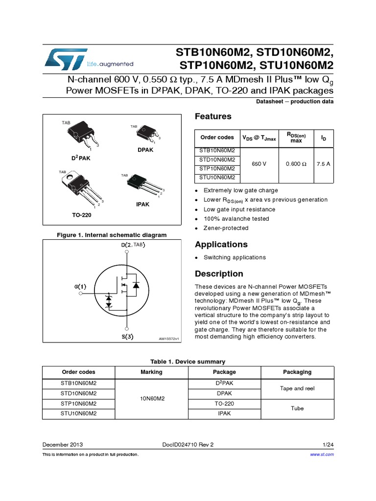 STB10N60M2, STD10N60M2, STP10N60M2, Stu10n60m2 | PDF | Mosfet | Field Effect Transistor