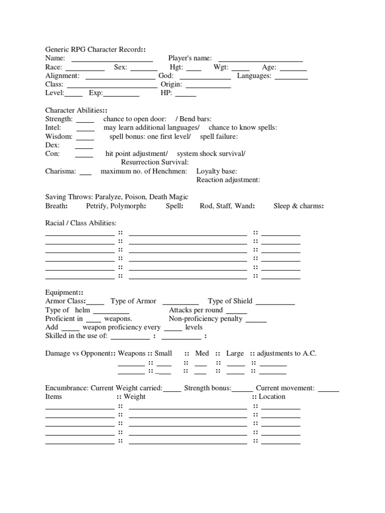 Generic Character Sheet 2.0 | PDF | Role Playing Games | Role Playing