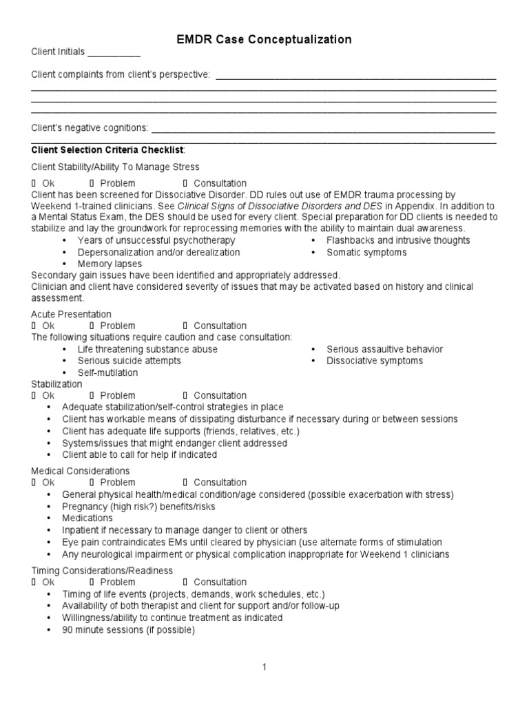 EMDR Case Conceptualization: Client Selection Criteria Checklist | PDF ...