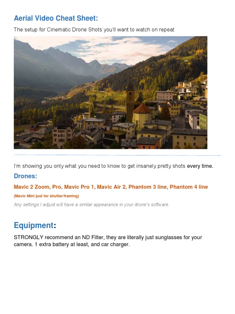 Aerial Video Cheat Sheet - Drone Settings With | PDF | Exposure ...
