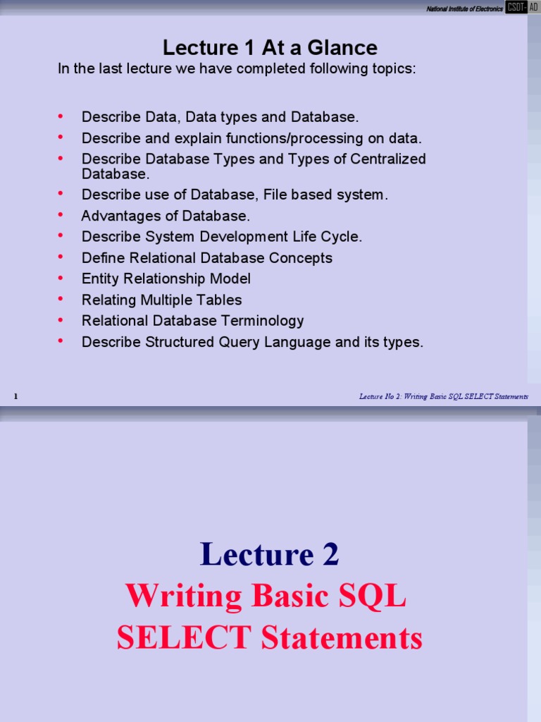 Lecture 1 at A Glance: Lecture No 2: Writing Basic SQL SELECT ...