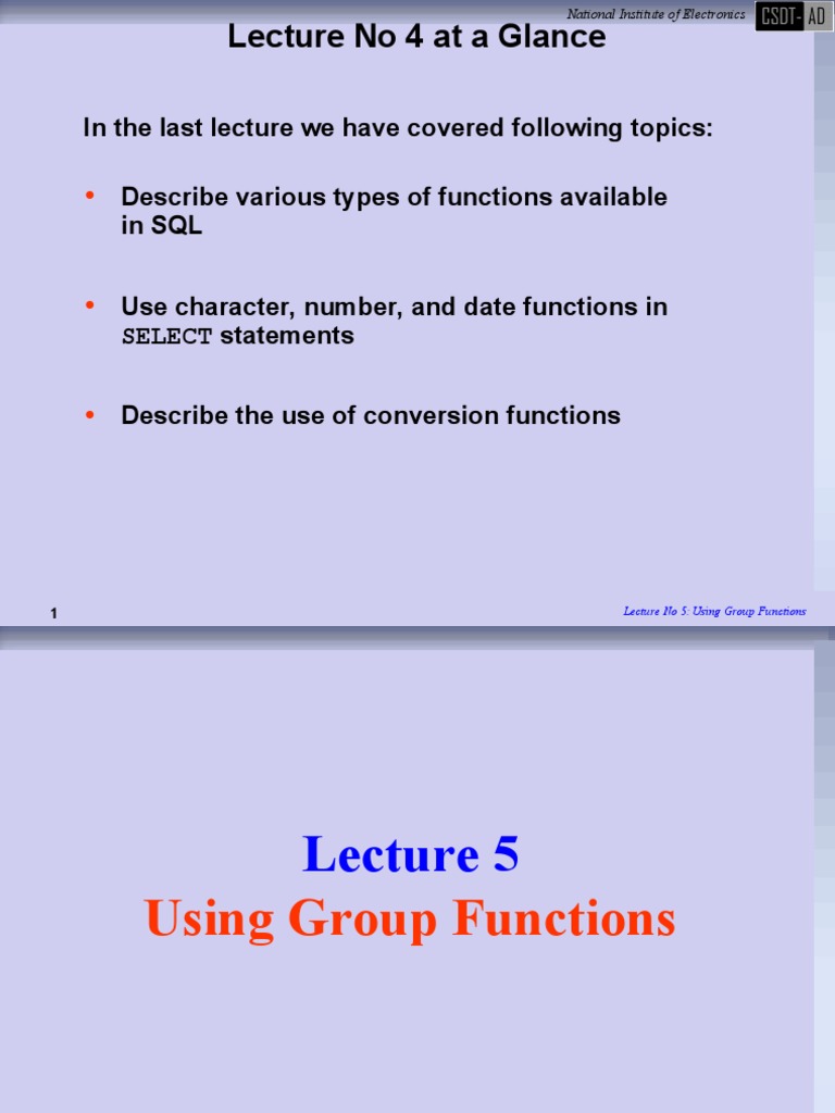 Lecture No 5: Using Group Functions | PDF | Data Management Software ...