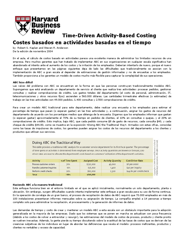 Time Driven Activity Based Costing Pdf Costo Cliente