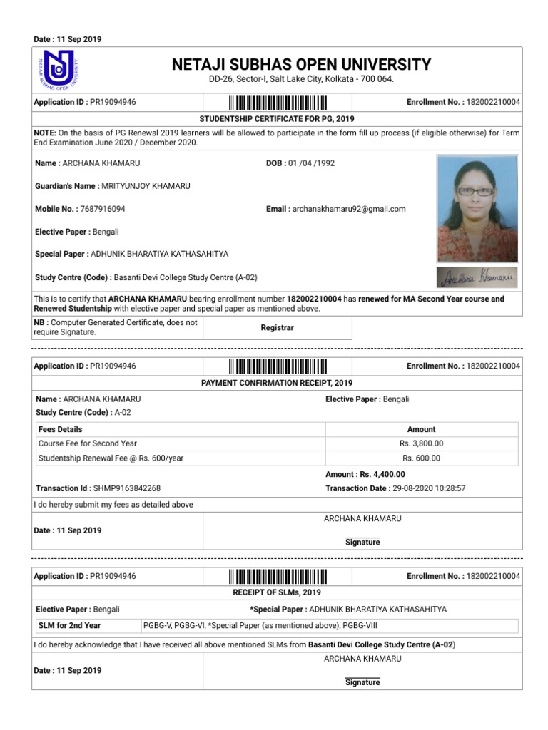 NSOU - Renewal - Studentship Certificate | PDF | Business