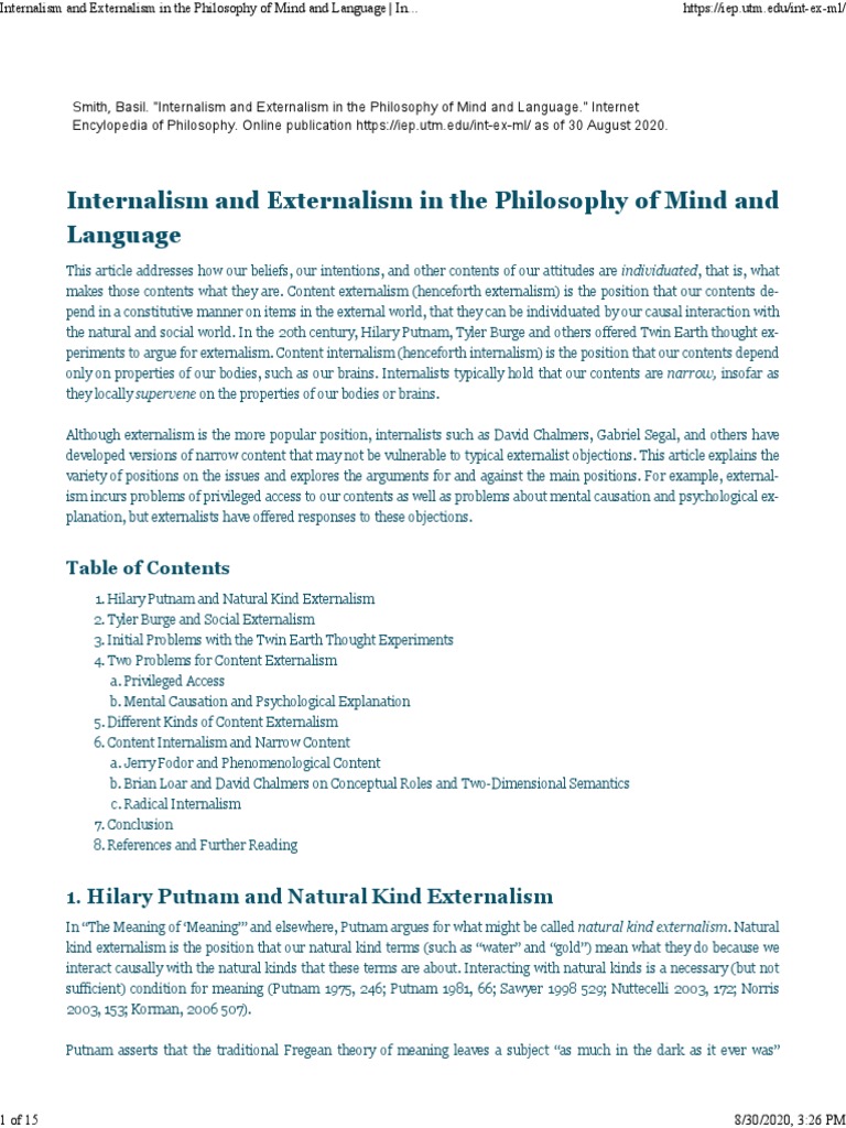 Internalism and Externalism in The Philosophy of Mind and Language ...