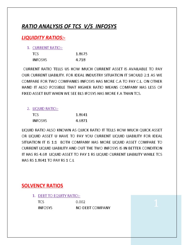 Ratio Analysis of Tcs V/S Infosys: Liquidity Ratios | PDF | Investing ...