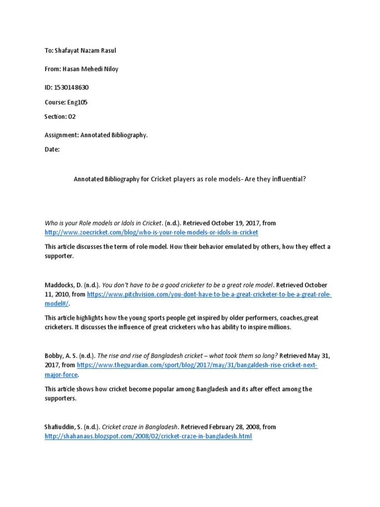 Annotated Bibliography on Cricket Role Models | PDF