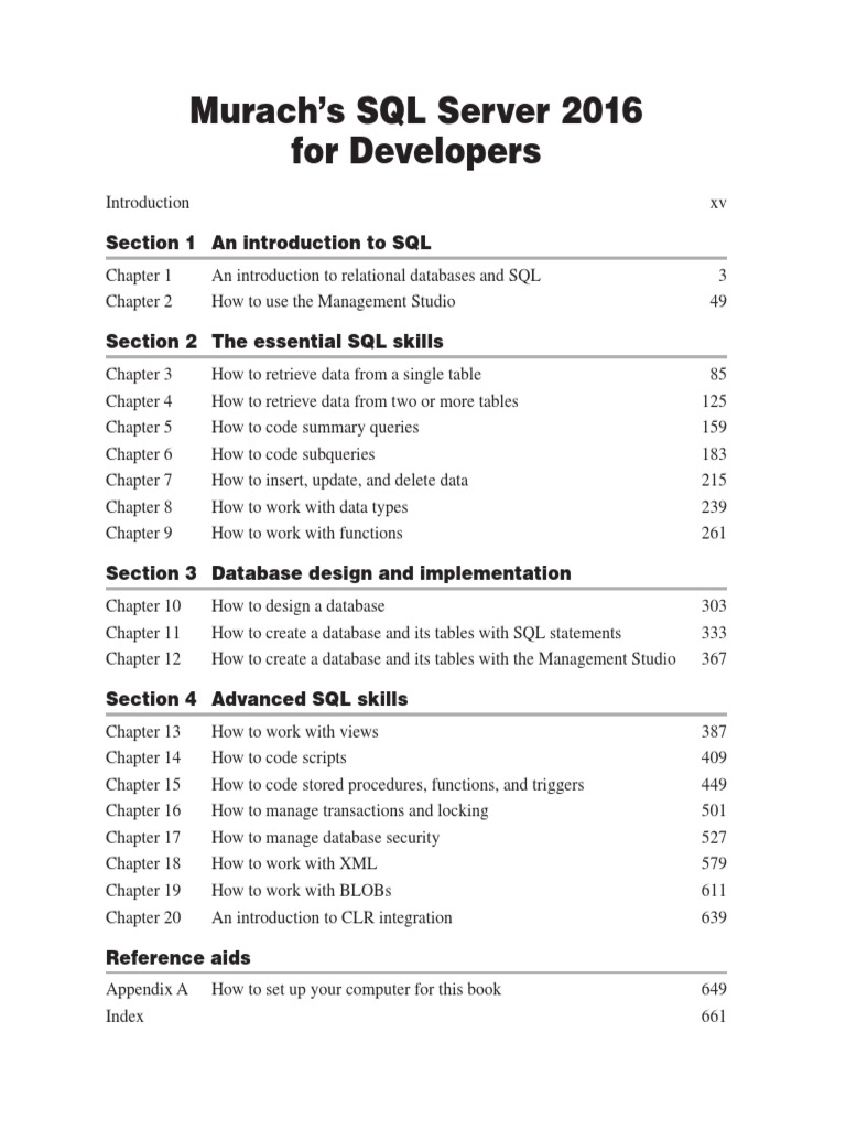 Murachs SQL Server 2016 For Developers TOC | PDF | Microsoft Sql Server | Databases