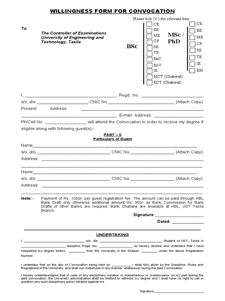 BSC MSC / PHD: Willingness Form For Convocation | PDF | Government | Business