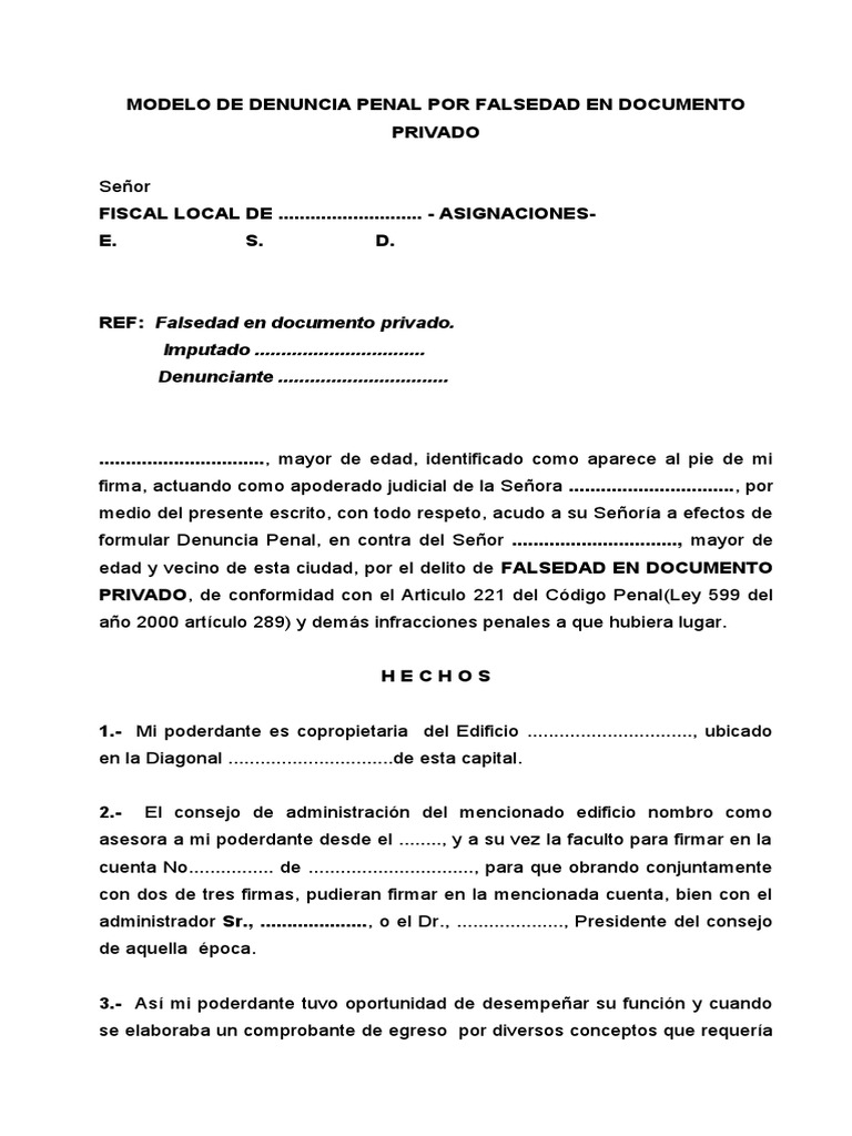 Denuncia Penal - Falsedad en Documento Privado | PDF | Derecho penal ...