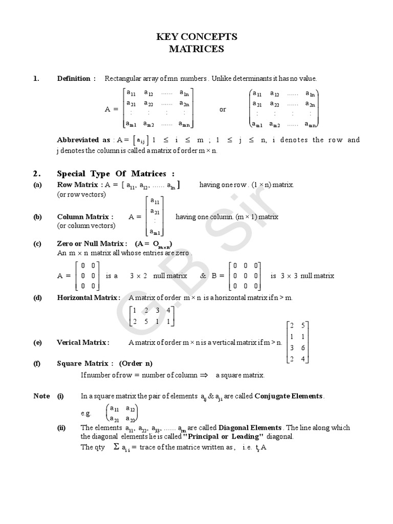 G.B Sir: Key Concepts Matrices | PDF | Matrix (Mathematics) | Determinant
