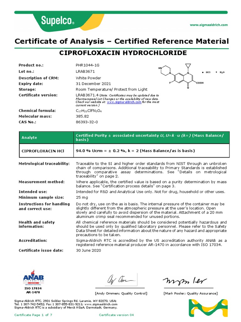 Certificate of Analysis - Certified Reference Material: Ciprofloxacin ...