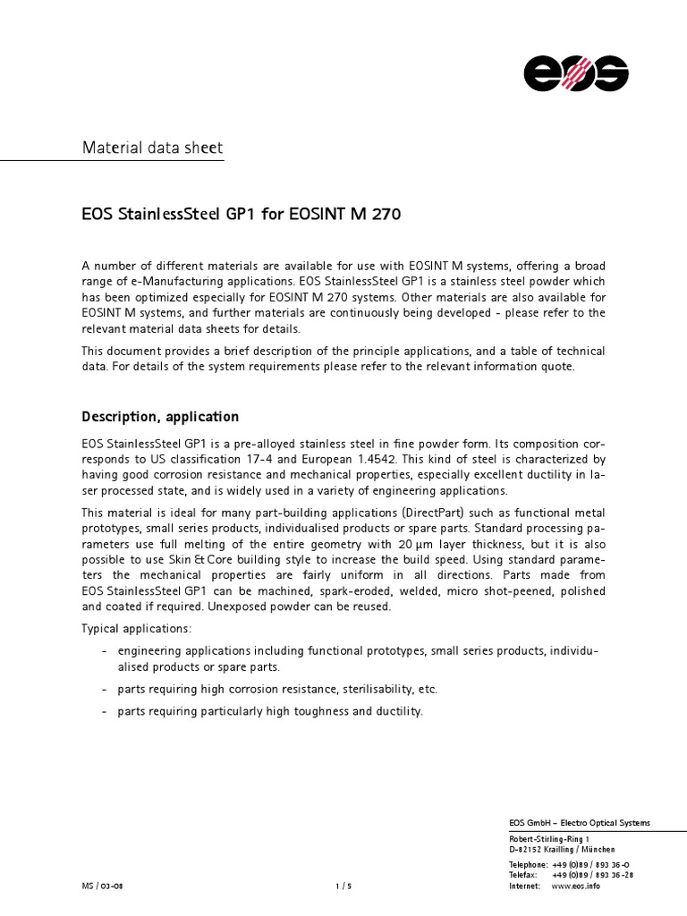 Material Data Sheet: Eos Stainlesssteel Gp1 For Eosint M 270 | PDF ...