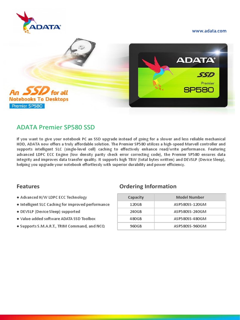 ADATA Premier SP580 SSD Overview | PDF | Solid State Drive | Digital ...