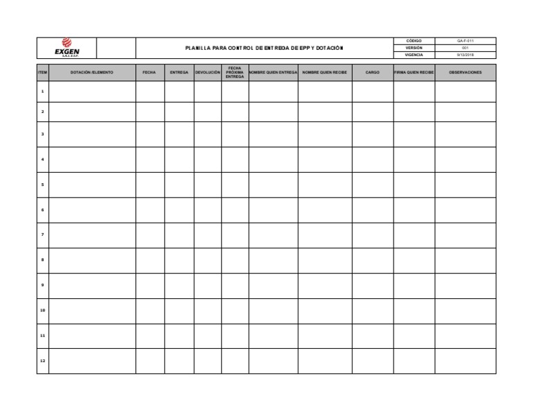 Ga-F-011 Planilla para Control de Entrega Epp | PDF