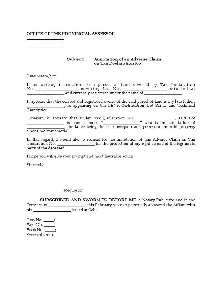 Adverse Claim Annotation Request Letter | PDF | Home & Garden