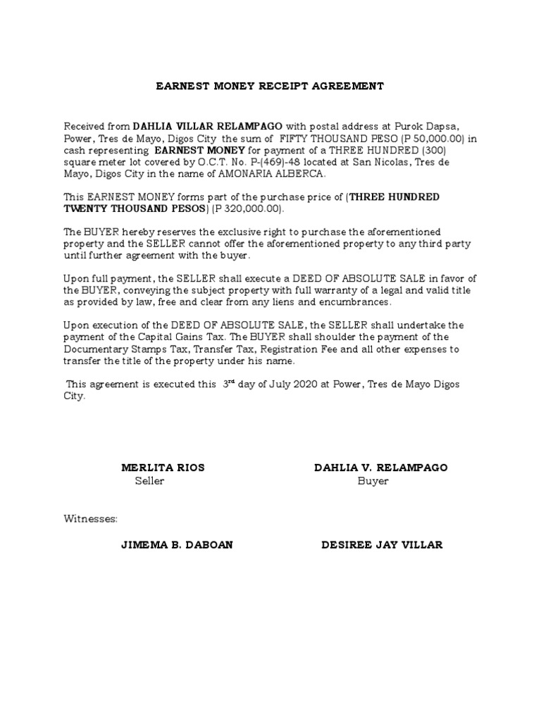 Earnest Money Receipt Agreement