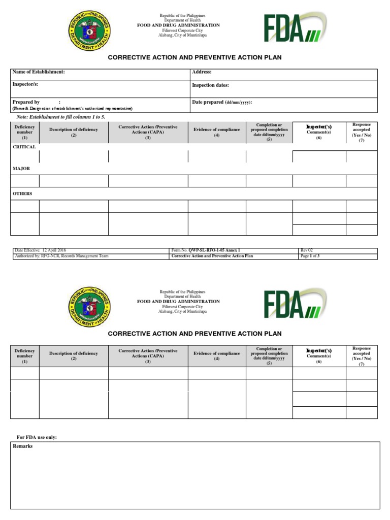FDA Corrective Action Plan Template | PDF | Food And Drug ...