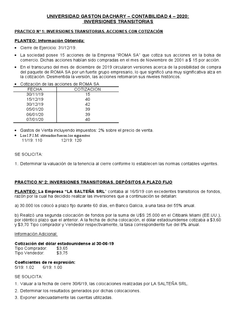 Contabilidad 4 Inversiones Transitorias Practico | PDF | Compartir (Finanzas) | Dividendo