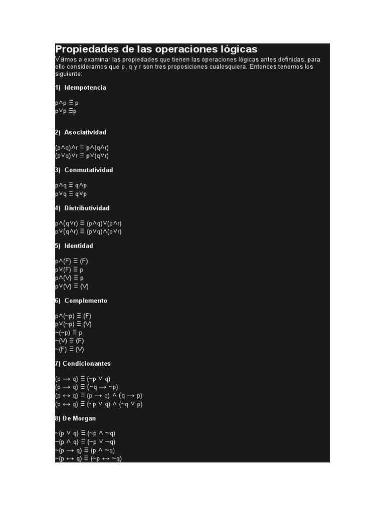 Propiedades de Las Operaciones Lógicas | PDF | Métodos y materiales de ...