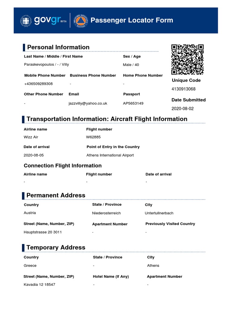 Passenger Locator Form: Personal Information | PDF | Aeronautics ...