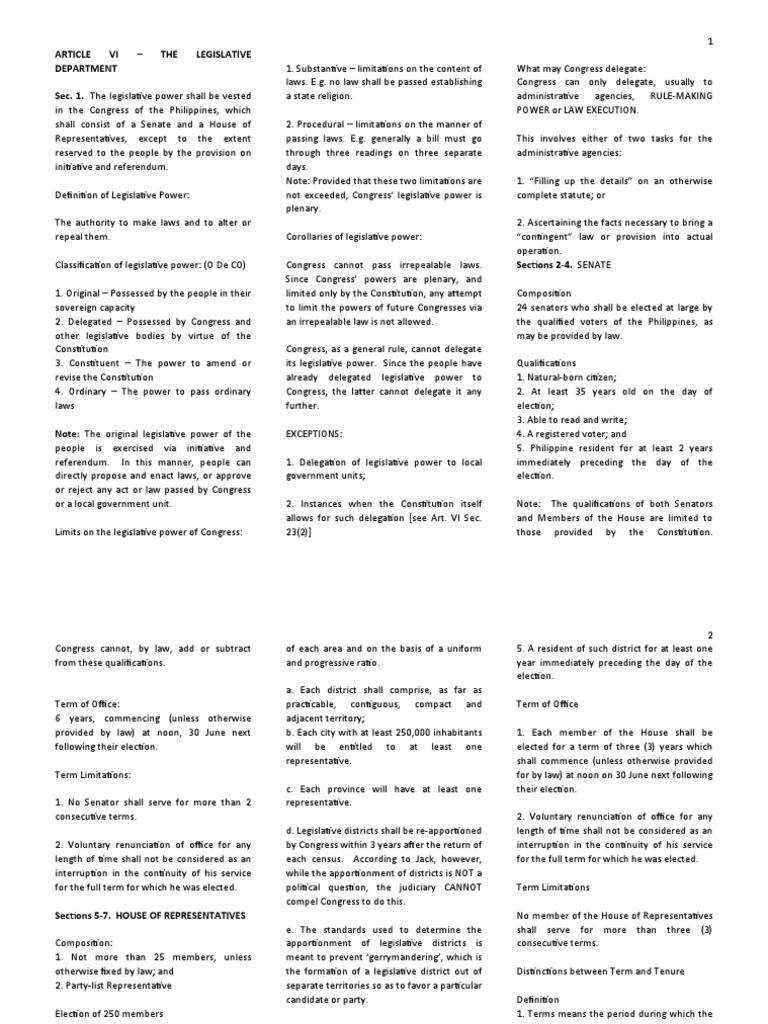 Article Vi - The Legislative Department Sec. 1. The Legislative Power ...