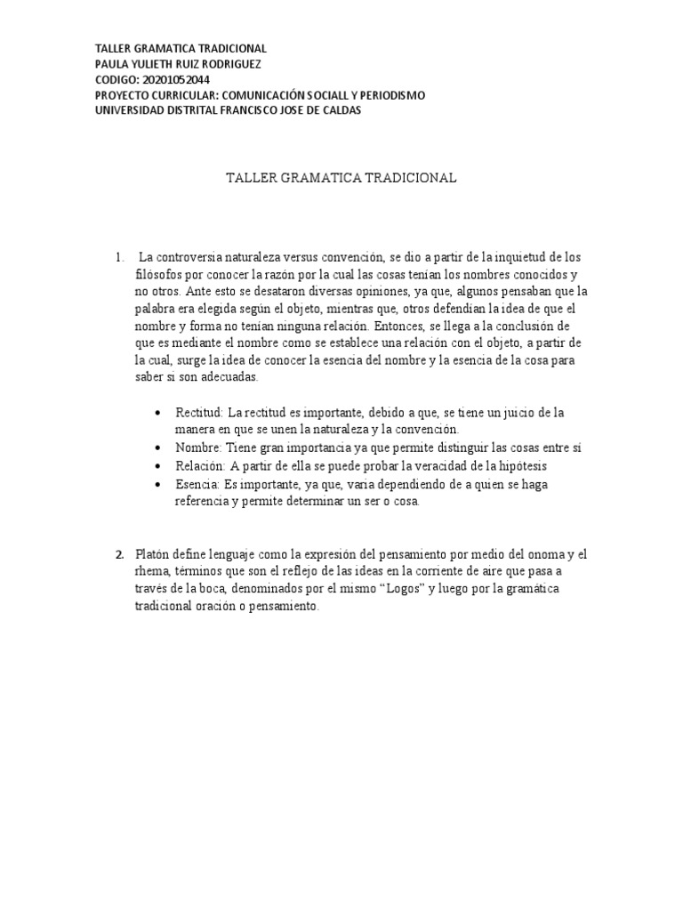 Taller Gramatica Tradicional | PDF
