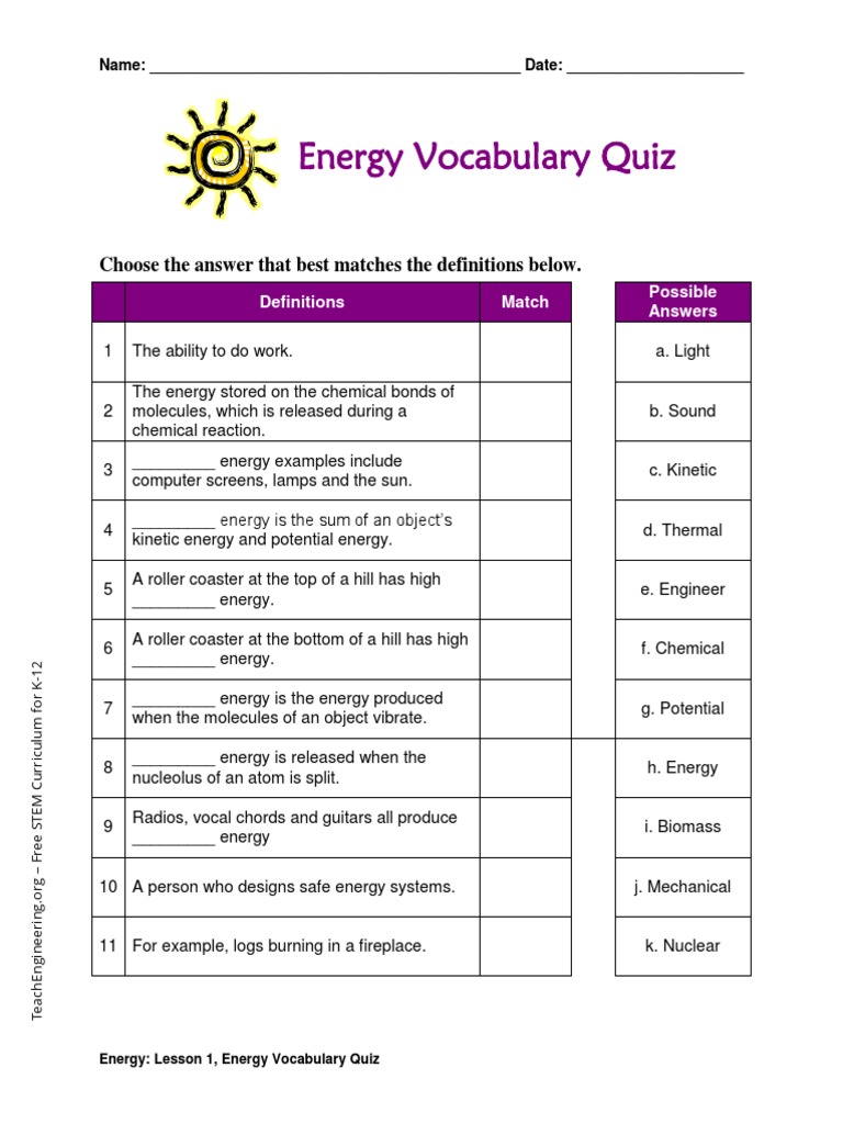 Energy Vocabulary Quiz: Choose The Answer That Best Matches The ...