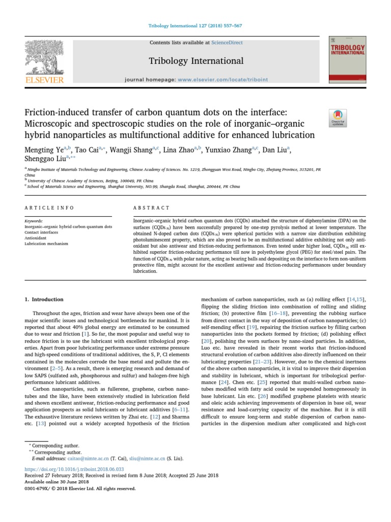 Friction Induced Transfer of Carbon Quantum Dots On The Interface ...