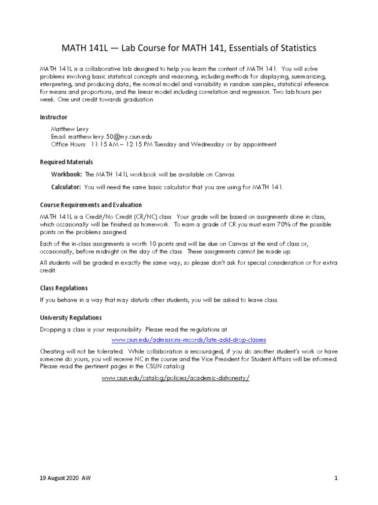 MATH 141L - Lab Course For MATH 141, Essentials of Statistics | PDF ...