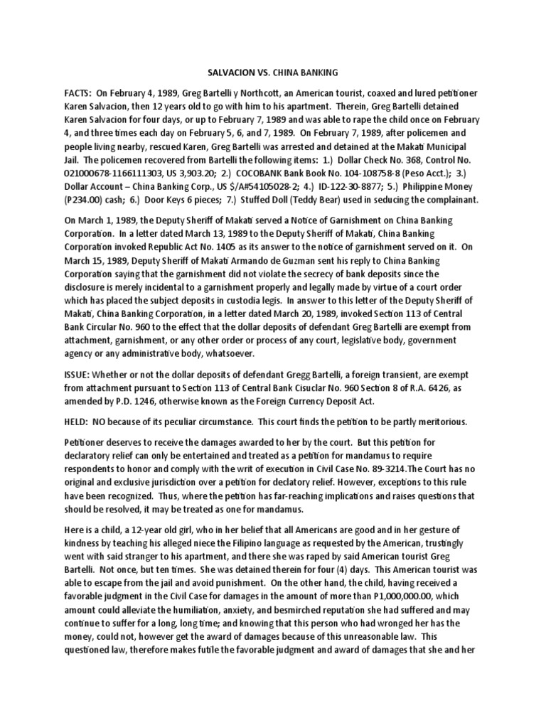 Salvacion vs. China Banking Case Summary | PDF | Mandamus | Damages