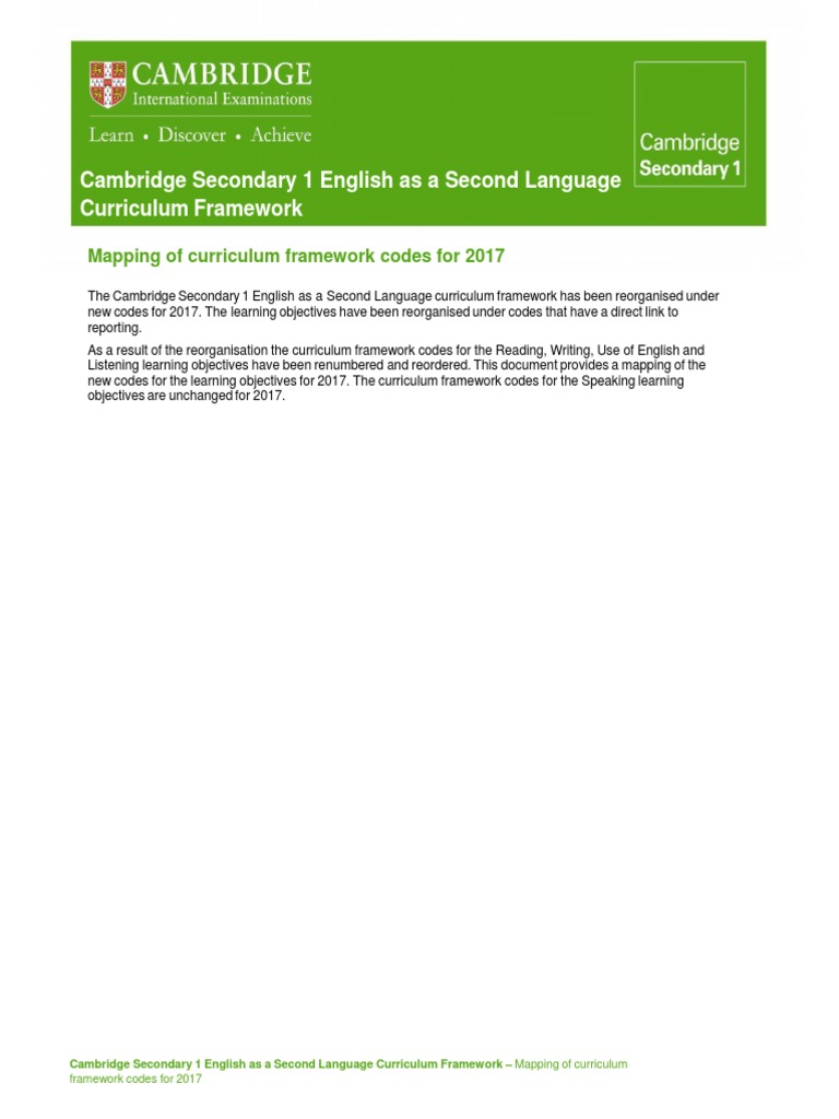 Cambridge Secondary 1 English As A Second Language Curriculum Framework ...