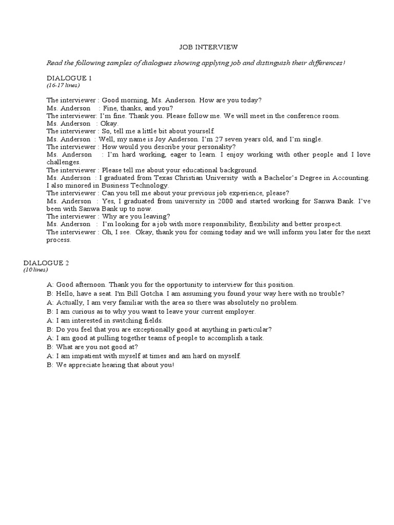 Read The Following Samples of Dialogues Showing Applying Job and ...
