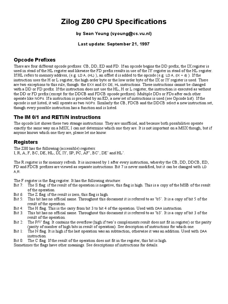 Zilog Z80 CPU Specifications (1997-09-21) (Young, Sean) (En) (!) | PDF ...