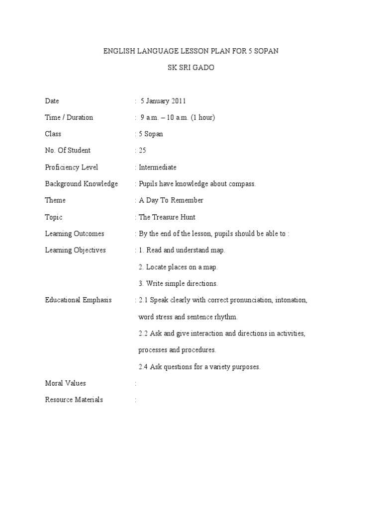 English Language Lesson Plan For 5 Sopan | PDF | Lesson Plan | Second ...