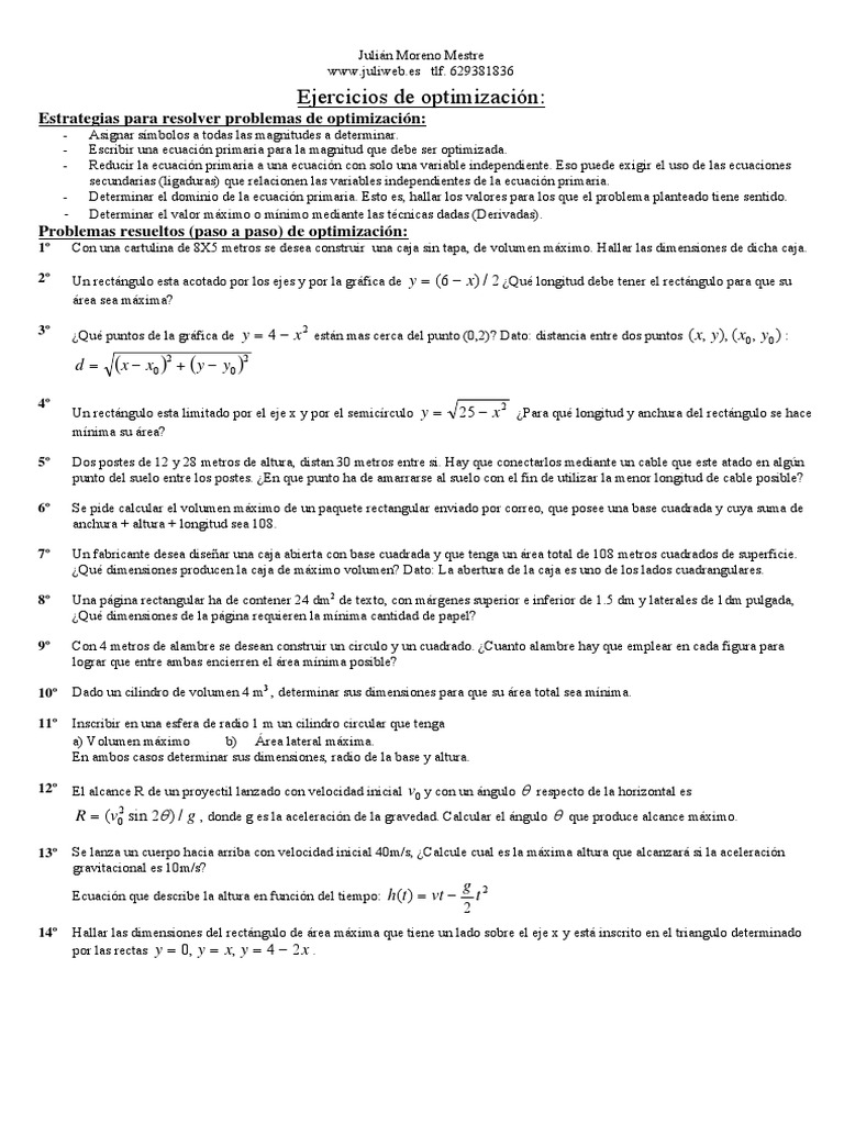 TALLER Ejercicios-Optimizacion | PDF | Longitud | Ecuaciones