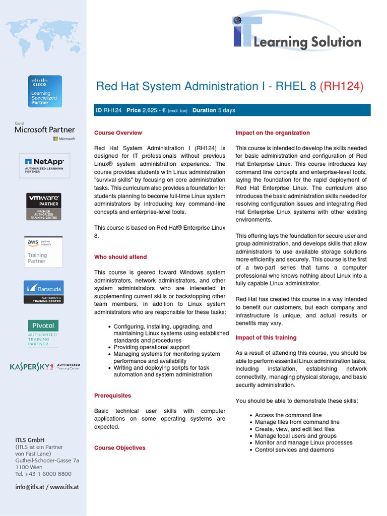 Red Hat System Administration I - RHEL 8: ID RH124 Price 2,625. | PDF | Linux | System Administrator