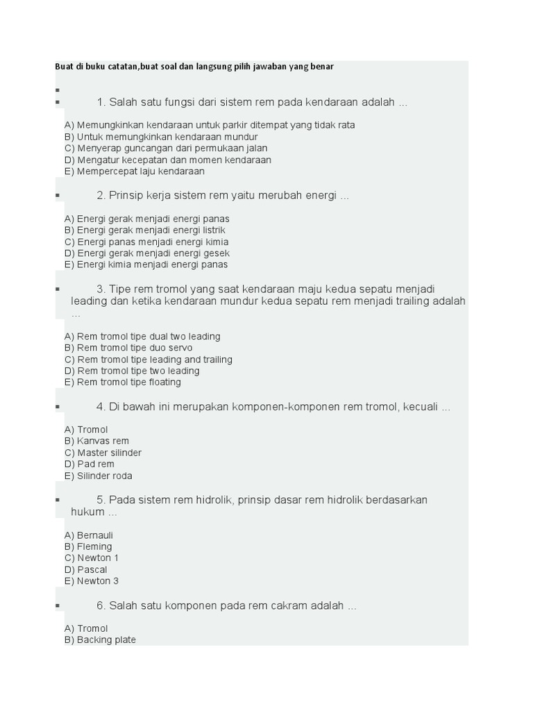 Soal Sistem Rem | PDF | Teknologi & Rekayasa