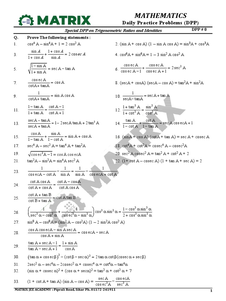 Mathematics: Daily Practice Problems (DPP) | Download Free PDF | Trigonometric Functions ...