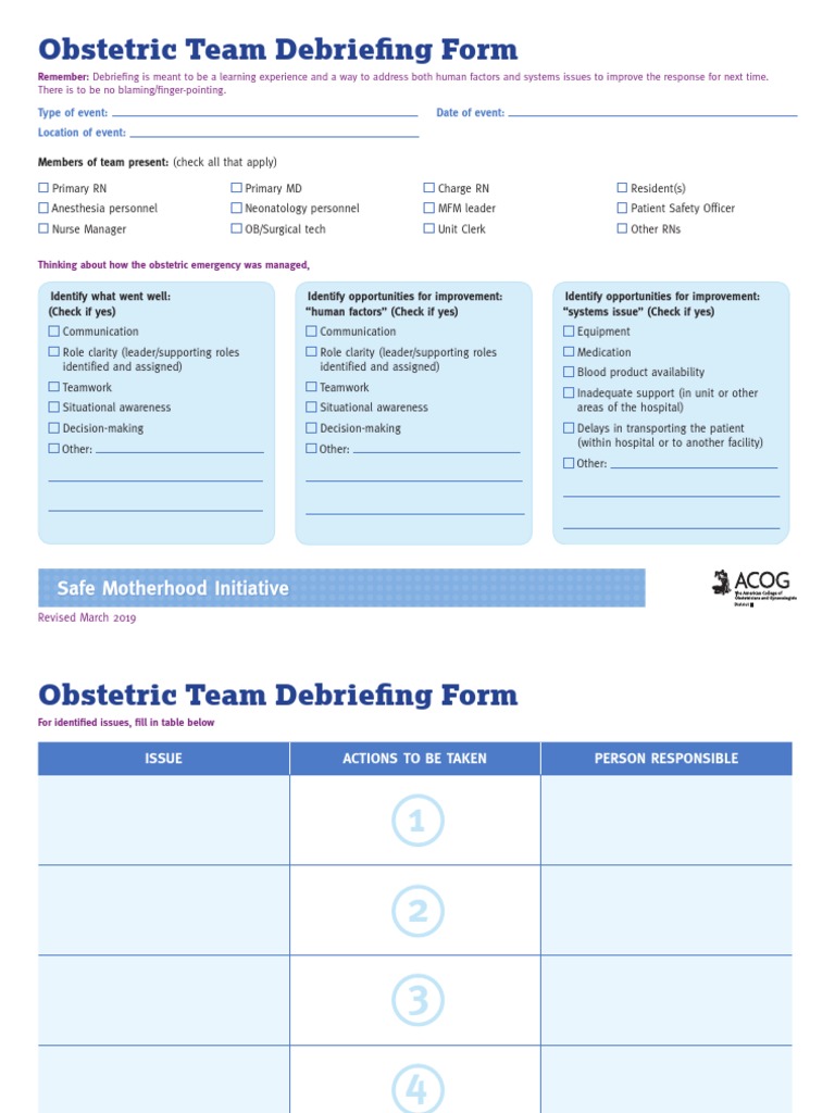 Obstetric Team Debriefing Form: Safe Motherhood Initiative | PDF ...