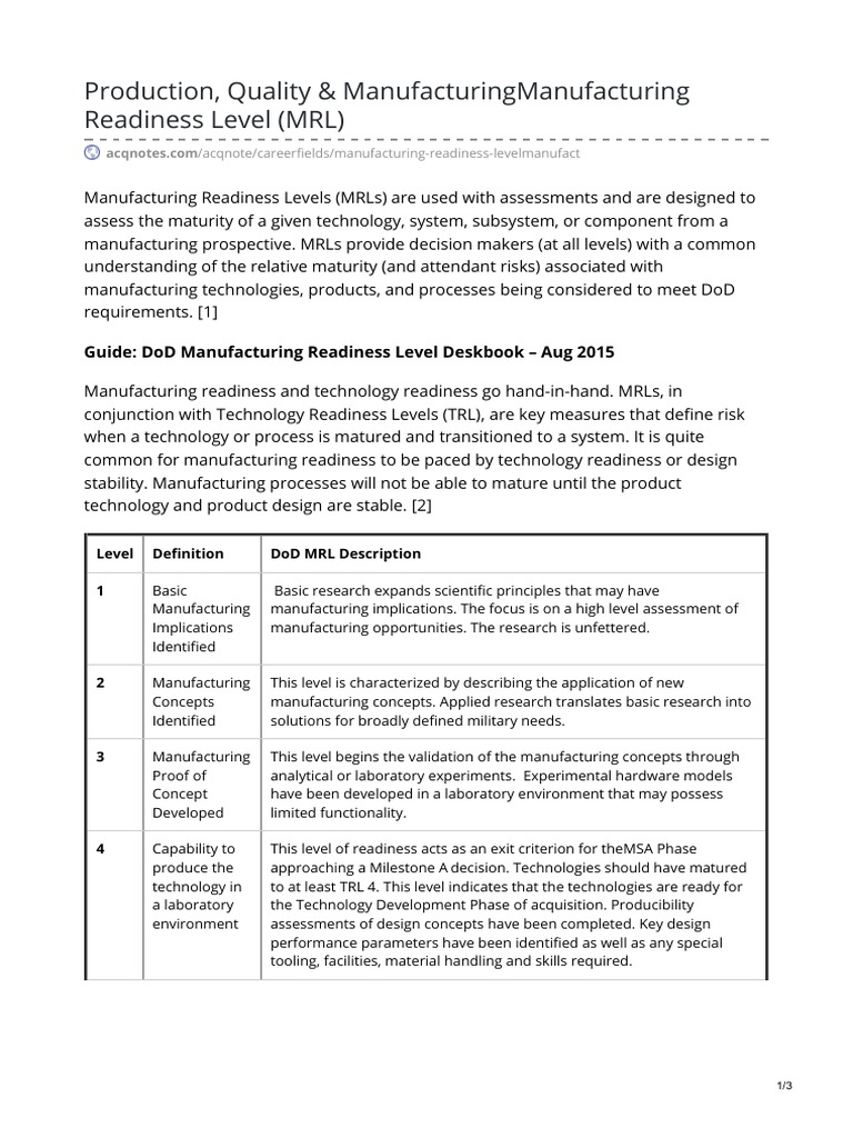 DoD Manufacturing Readiness Levels Guide | PDF | System | Prototype